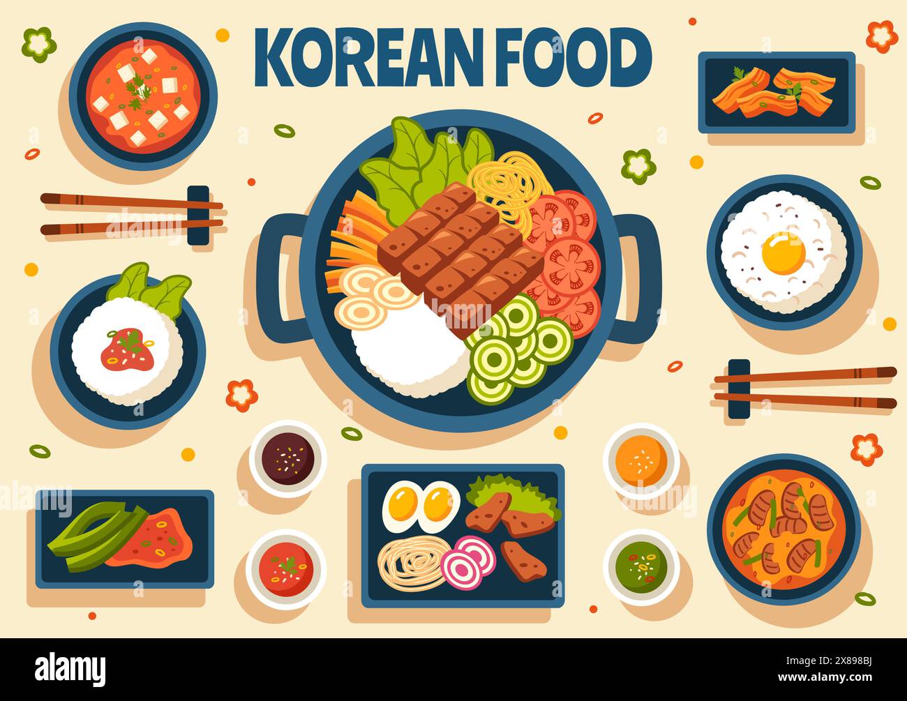 Korean Food Vector Illustration featuring a Set Menu of Various ...