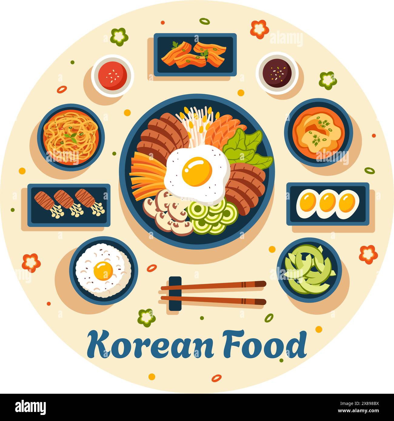 Korean Food Vector Illustration featuring a Set Menu of Various ...