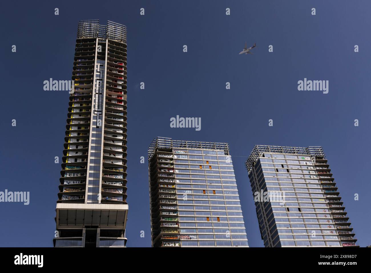 Los Angeles, USA. 22nd May, 2024. The abandoned Oceanwide Plaza towers ...