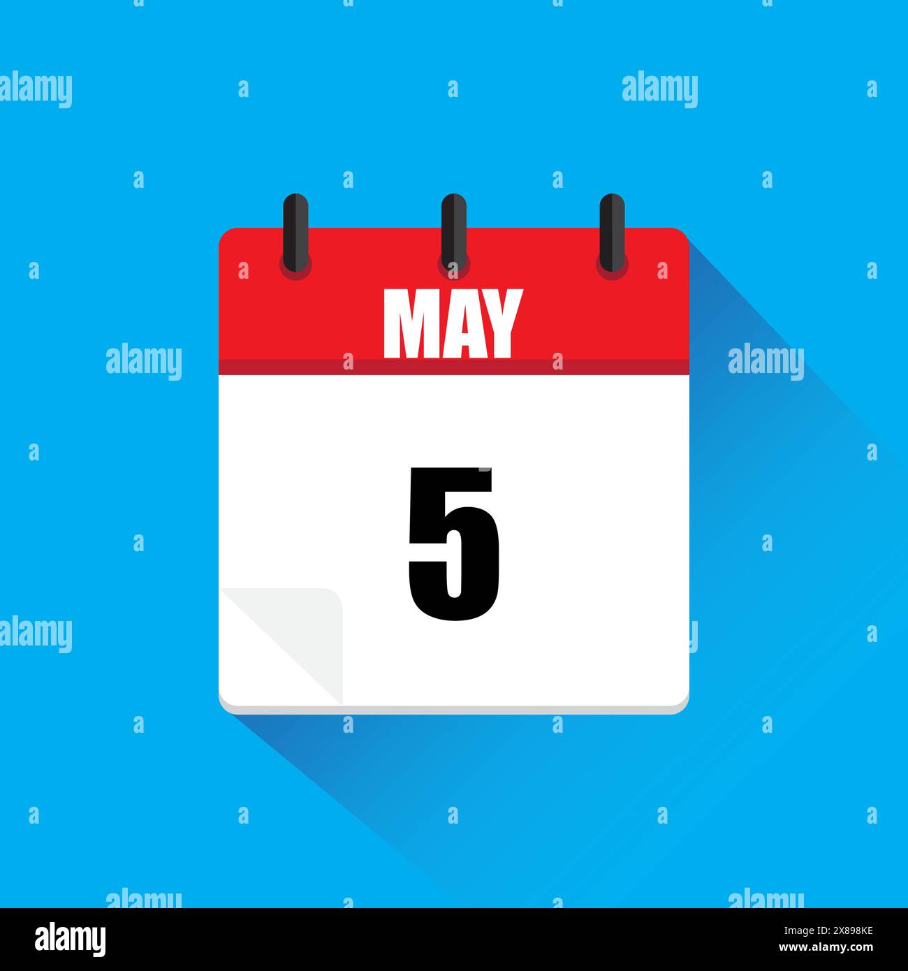 Calendar icon vector. Red May header. Date five. Blue background shadow ...