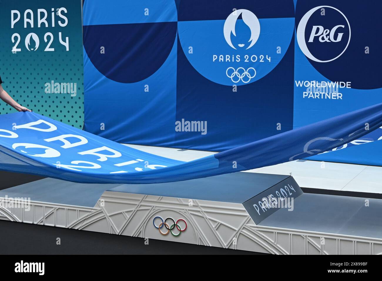 Saint Denis, France. 23rd May, 2024. The Paris 2024 podium is unveiled ...