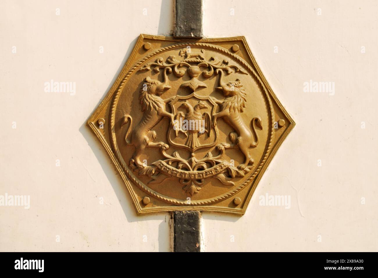 Carved symbol on a railway engine displayed at the National Rail Museum ...
