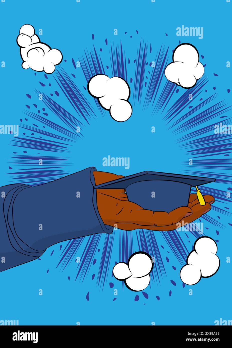 Cartoon, comic book human hands holding Graduation Hat. Retro vector ...