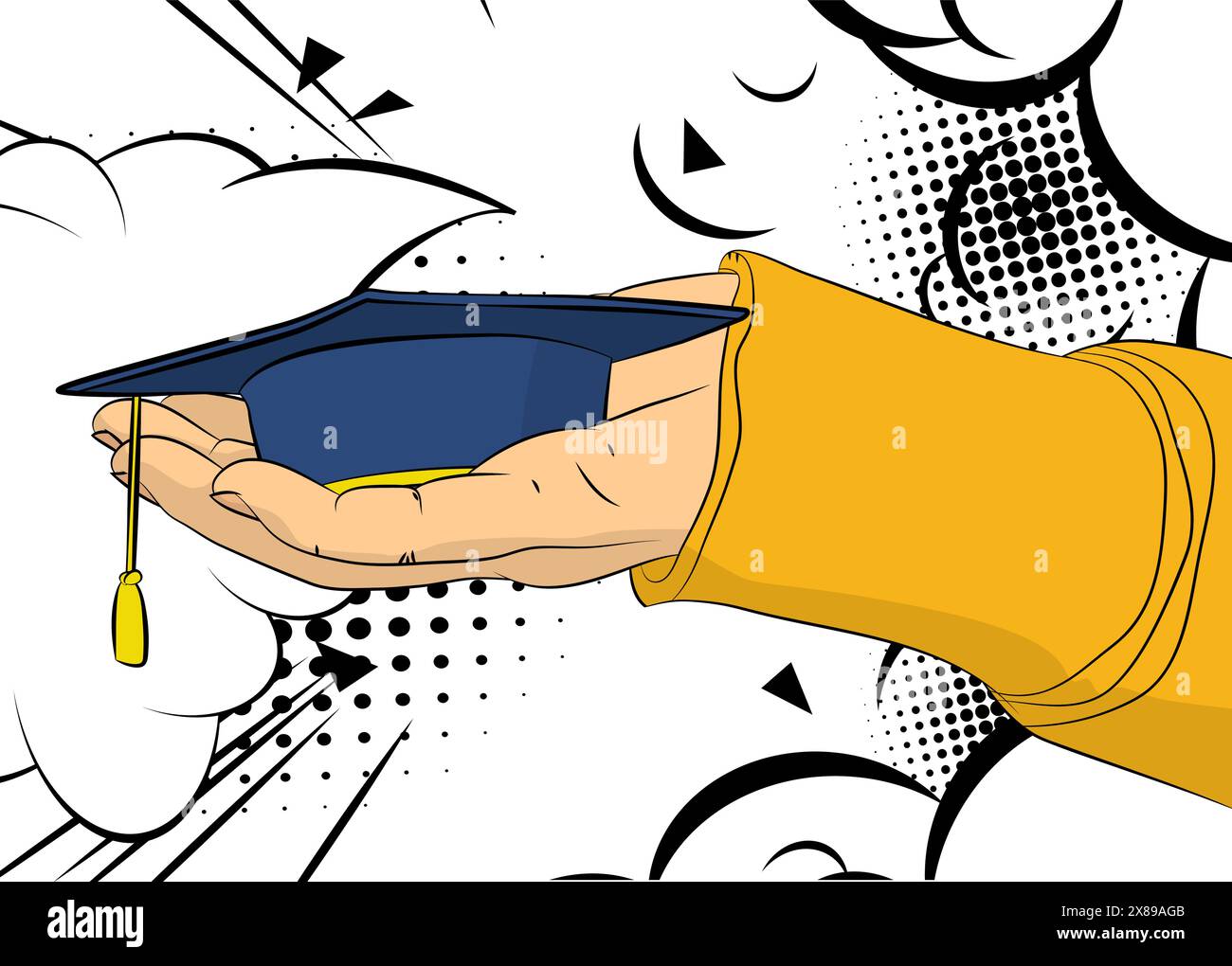Cartoon, comic book human hands holding Graduation Hat. Retro vector ...