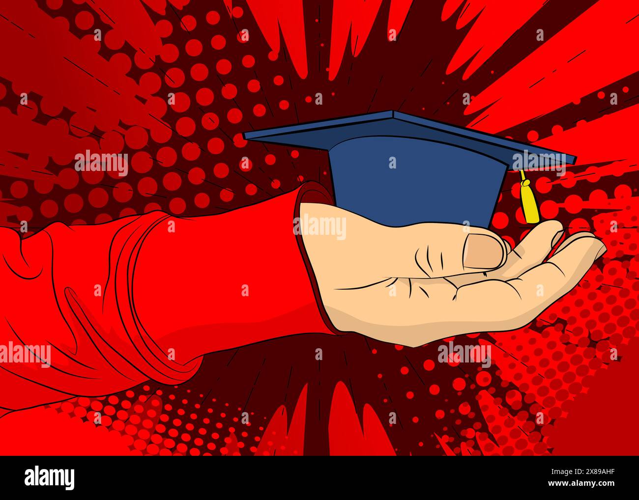 Cartoon, comic book human hands holding Graduation Hat. Retro vector ...