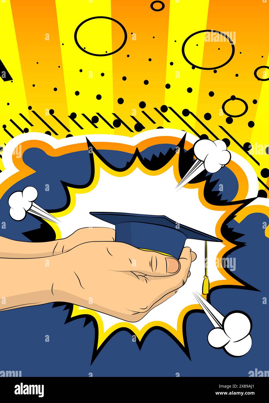 Cartoon, comic book human hands holding Graduation Hat. Retro vector ...