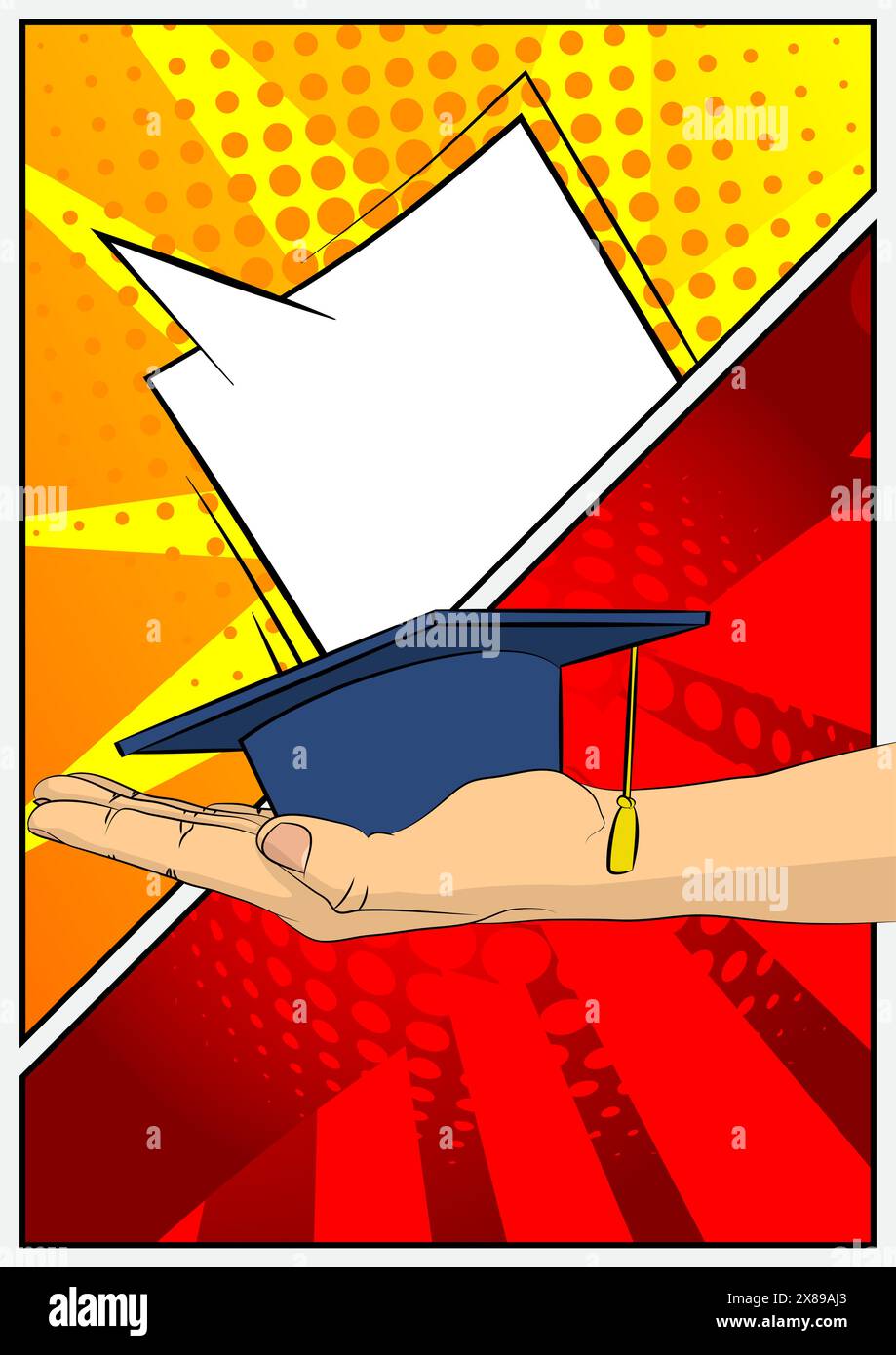 Cartoon, comic book human hands holding Graduation Hat. Retro vector ...