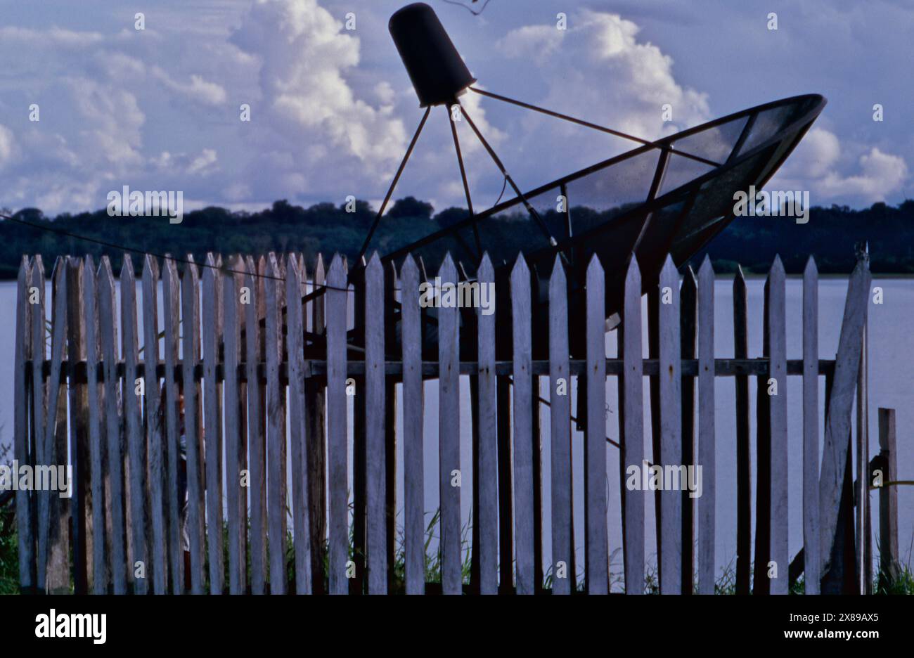A communications satellite receiver in a remote Cocama village in the ...