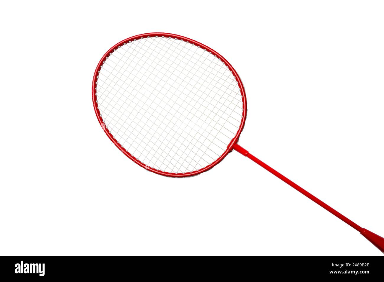 Closeup view of a red badminton racket isolated over a white background ...