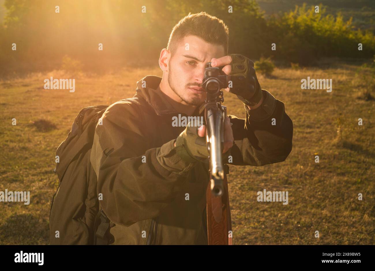 Hunting gun. Hunter with shotgun gun on hunt. Calibers of hunting ...