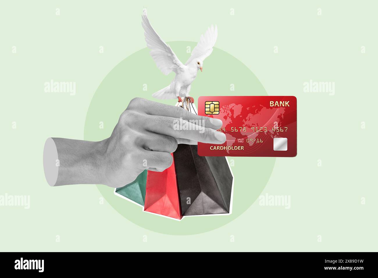 A human hand holding a credit card with a flying bird carrying a ...
