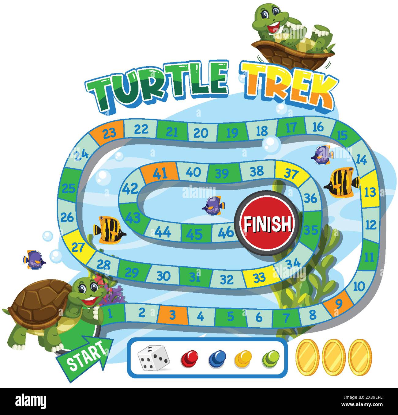 Colorful turtle-themed board game with dice and tokens Stock Vector ...