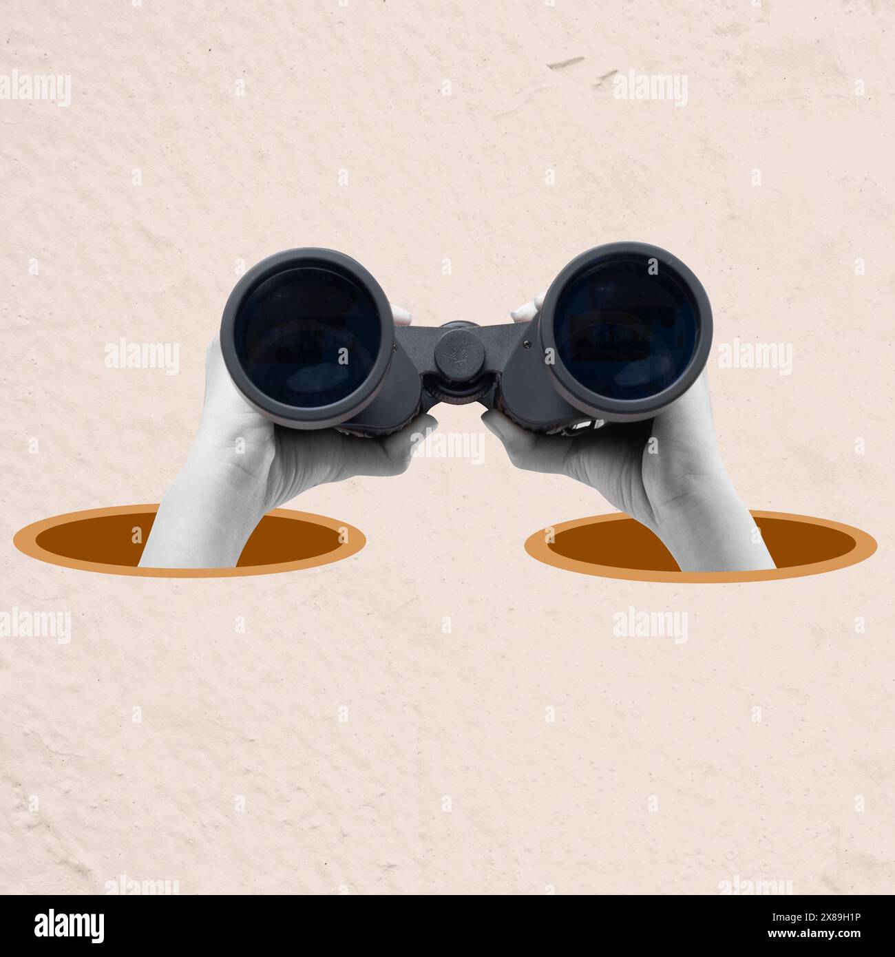 A human hand holding the binoculars on a colored background. Collage ...