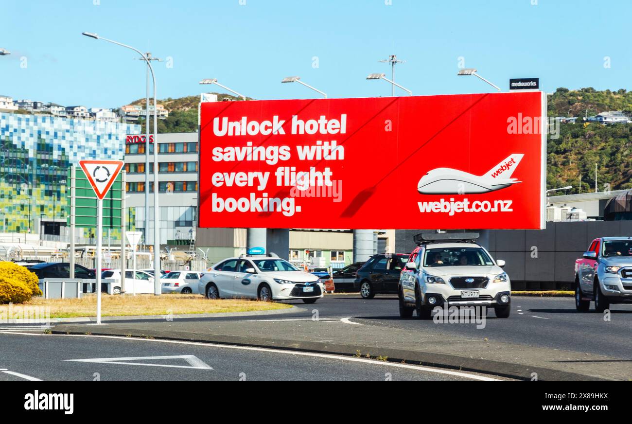 A large Webjet billboard display at Wellington International Airport ...