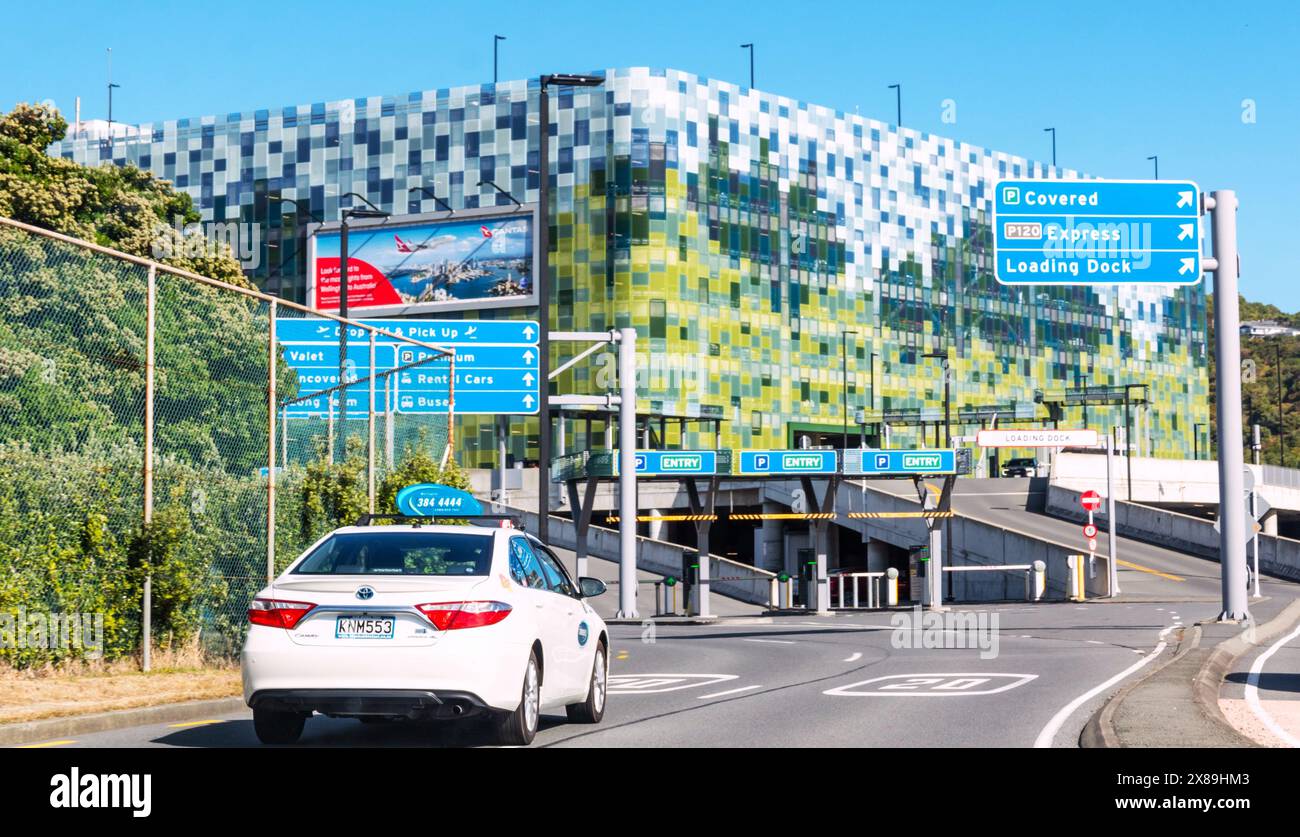 A taxi entering Wellington International Airport's Parking facility ...