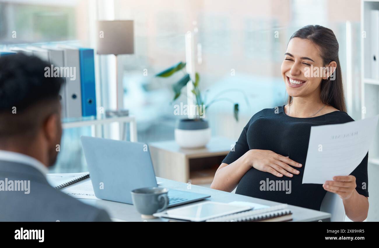 Pregnant woman, smile and office with discussion, interview and ...