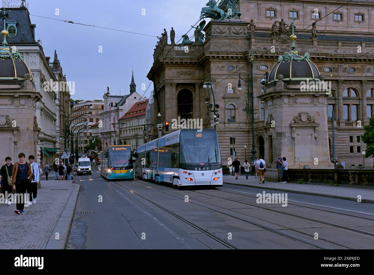 Praha city trams crossing the historic Legion Bridge or Most Legií ...