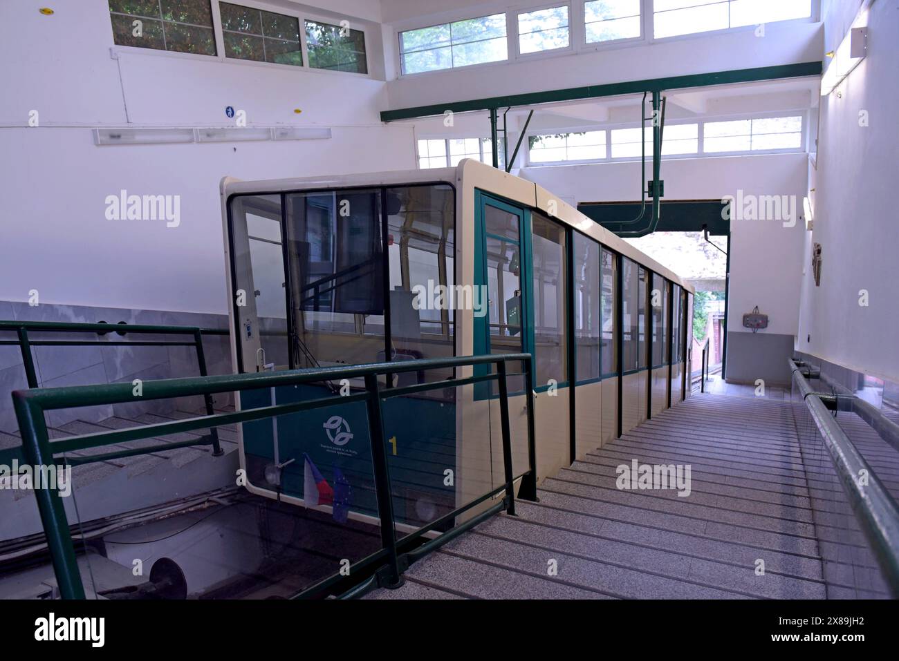 Petrin hill funicular railway,carriage in the upper station, Prague ...
