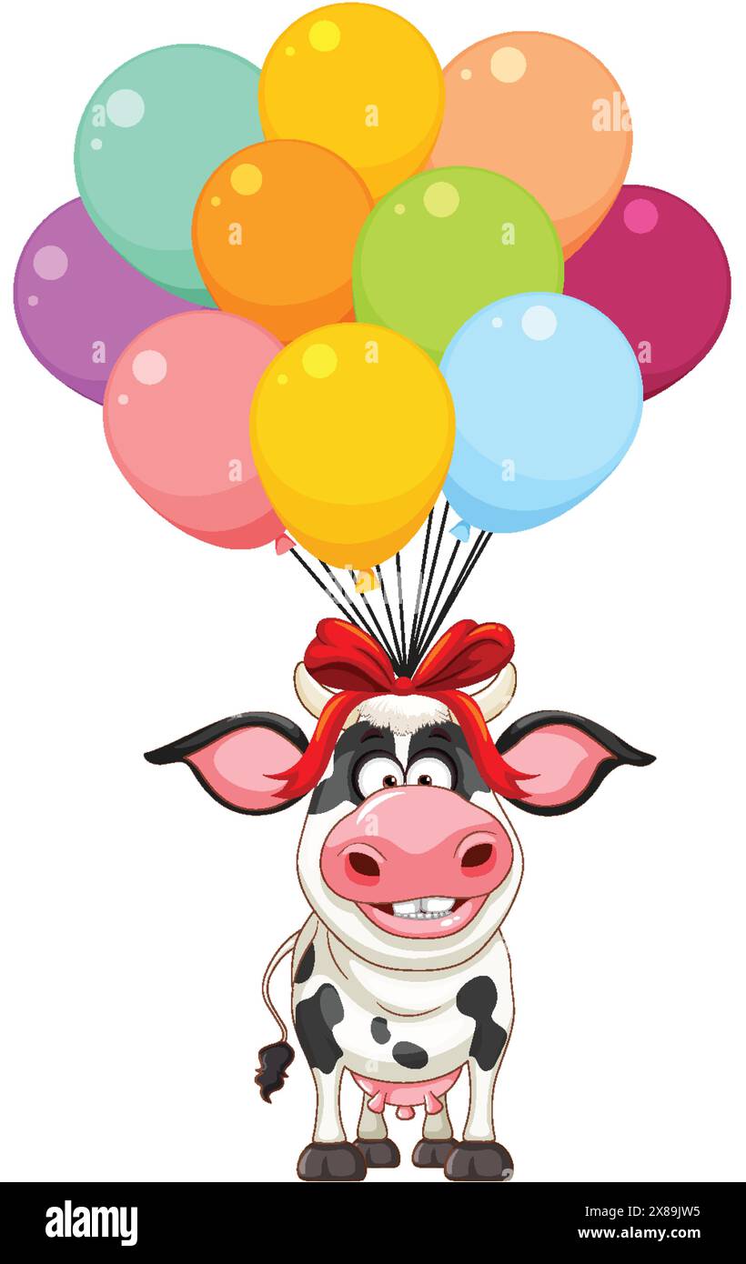 Cartoon cow tied to vibrant multicolored balloons Stock Vector Image ...
