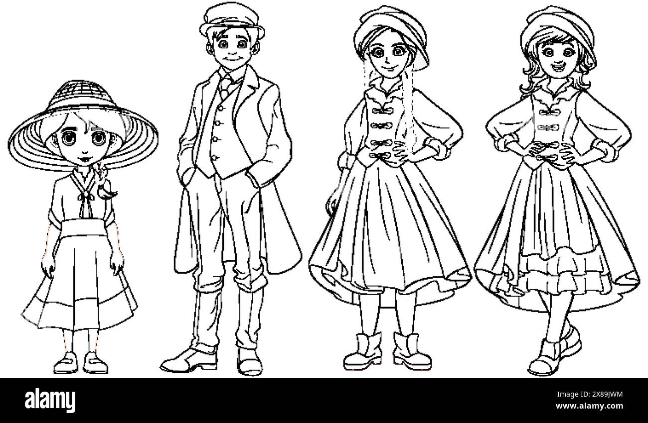 four-children-in-traditional-european-attire-stock-vector-image-art