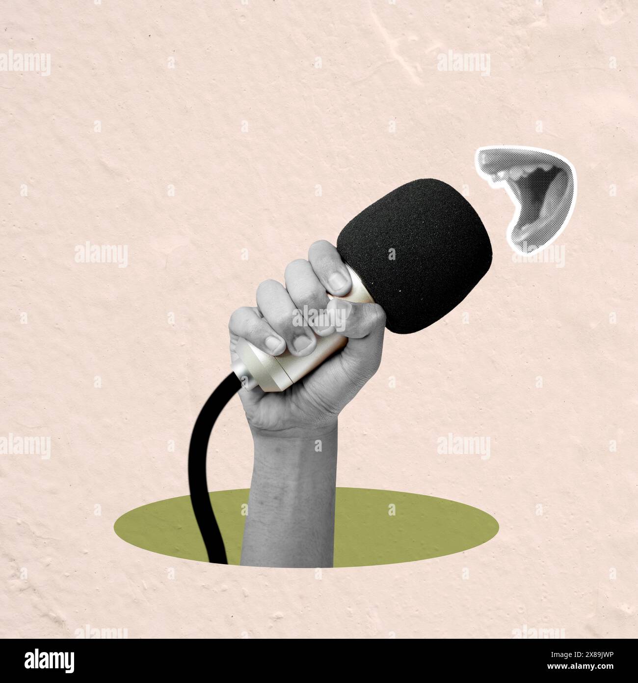 A human hand holding the microphone with a colored background. Collage ...