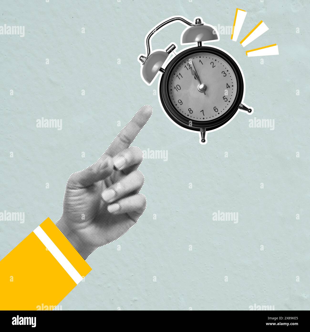 A human hand pointing an alarm clock on a colored background. Collage ...