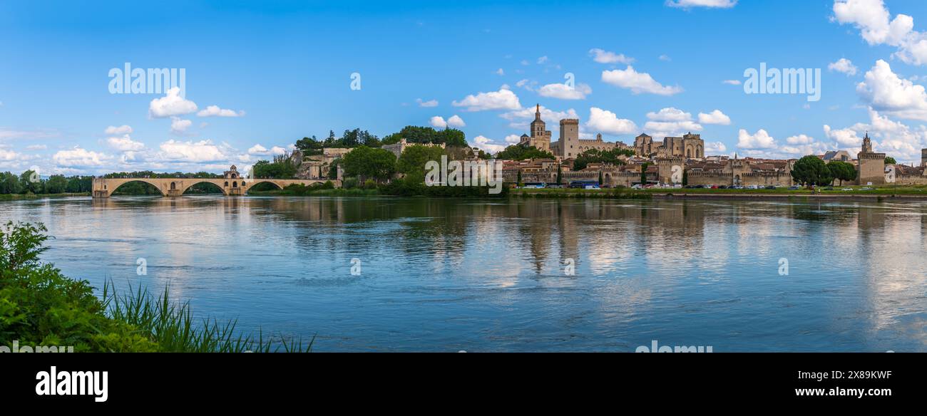 Panorama of Avignon with the Saint Benezet bridge over the Rhone river ...