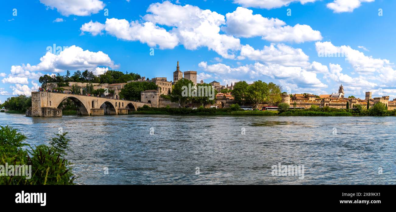 Panorama of Avignon with the Saint Benezet bridge over the Rhone river ...
