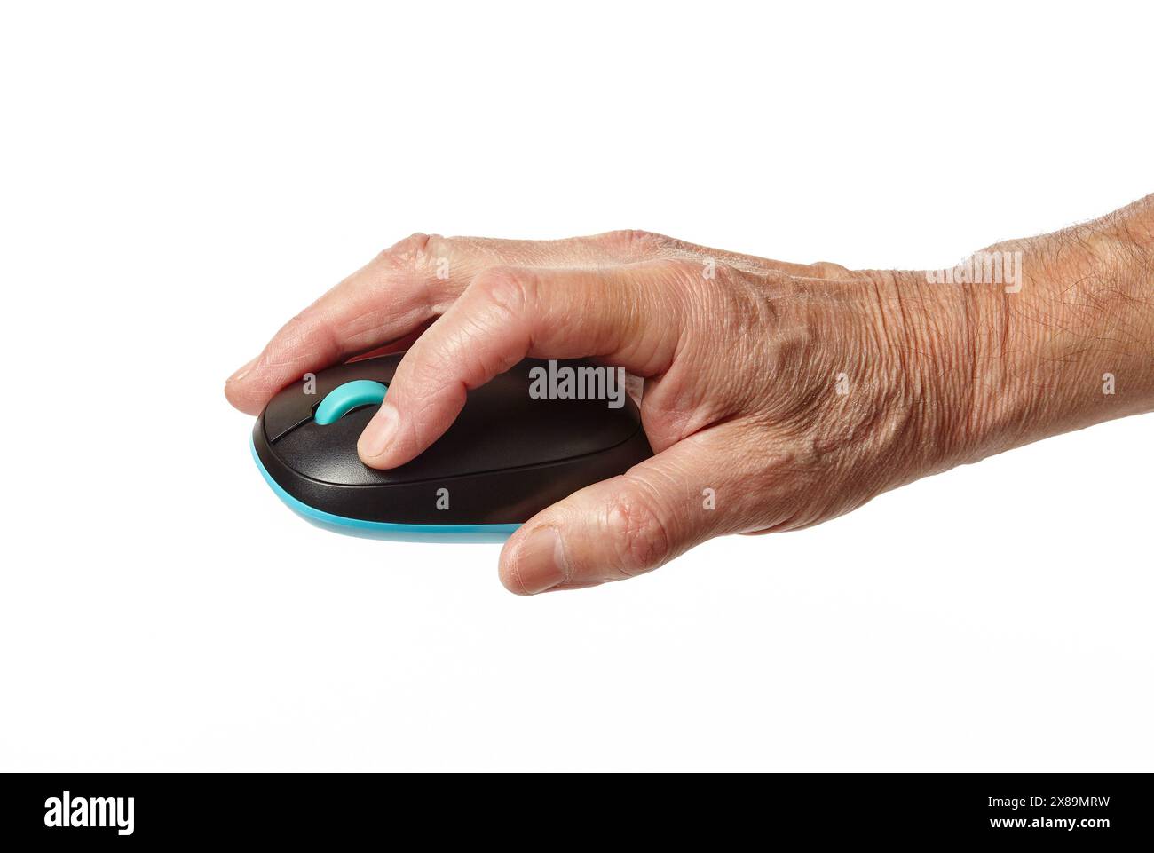 Computer mouse in male hand isolated on a white background. Old man ...