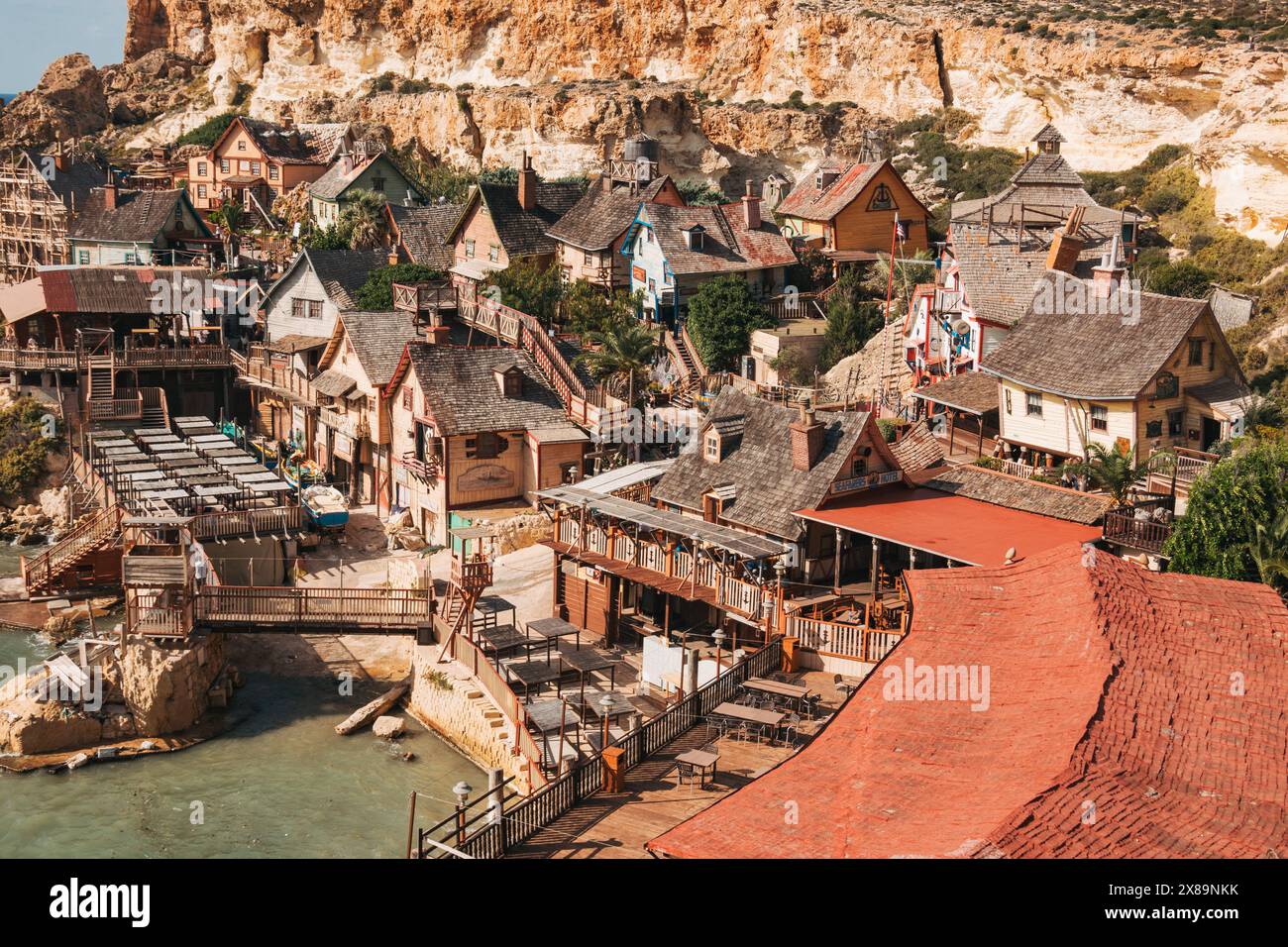 Wooden buildings at 'Popeye Village', a film set for the 1980s musical ...