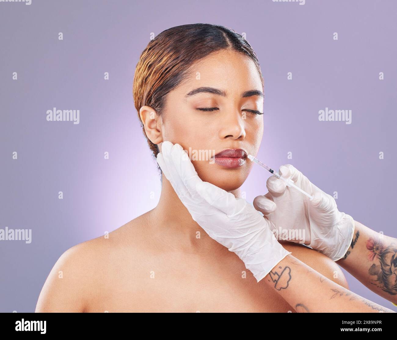 Injection, hands and woman for lip filler and face, needle and plastic ...