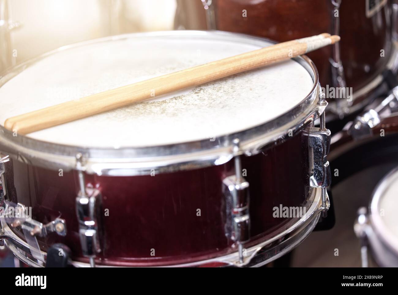 Closeup, drum and drumsticks in music studio for performance, recording ...