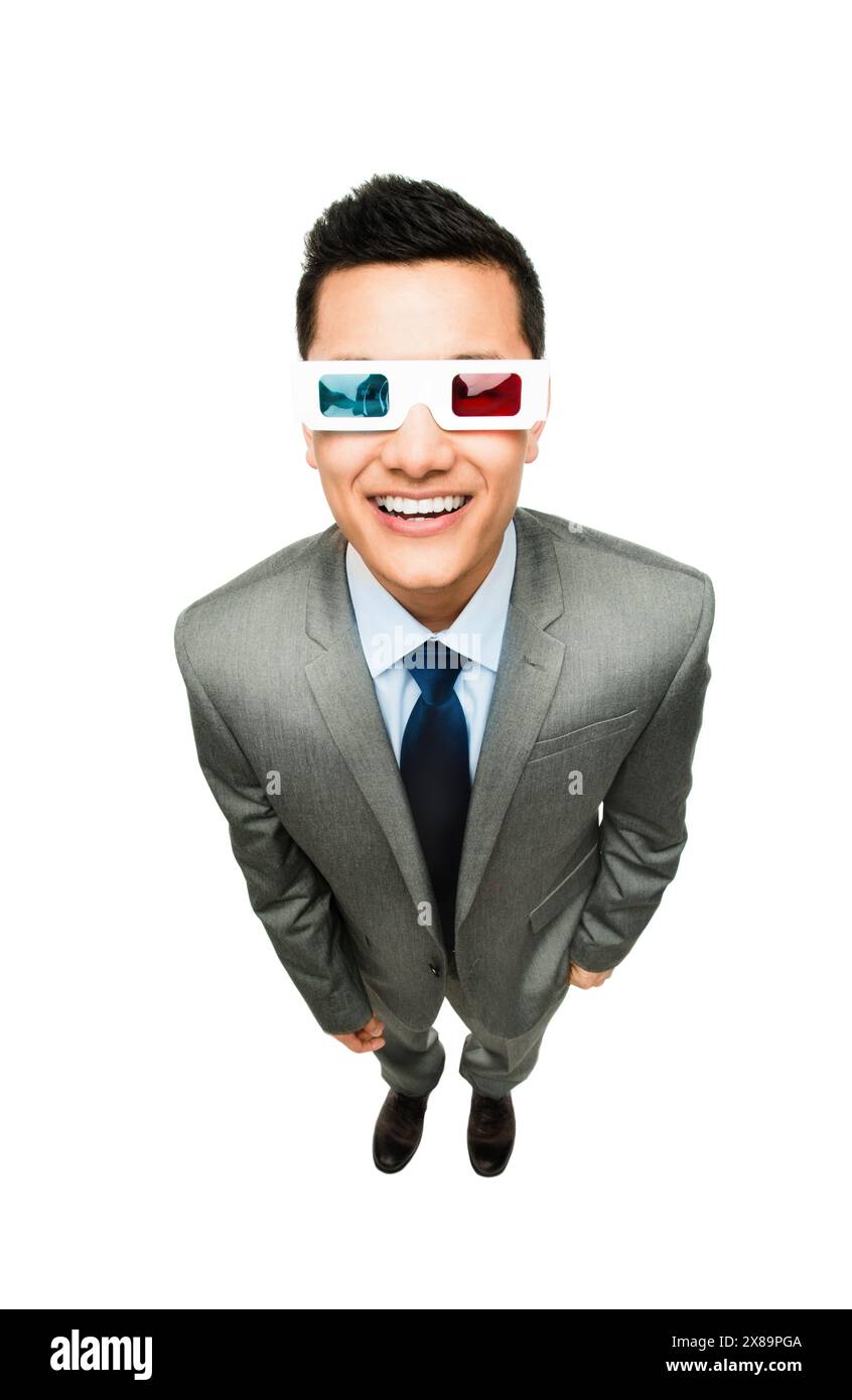 Glasses, above and businessman with smile, studio and mockup space ...
