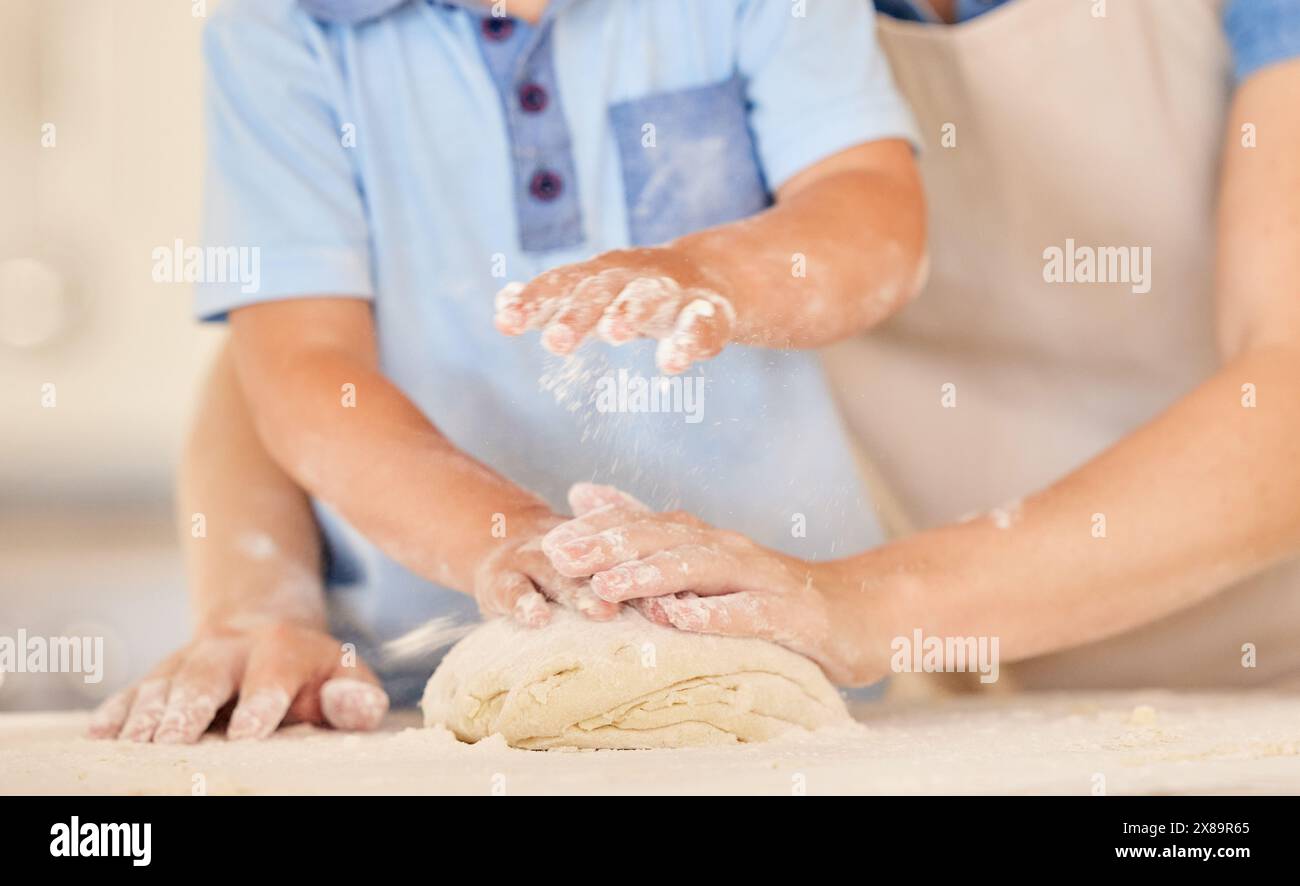Hands, child and baking dough in kitchen for learning, cooking and ...