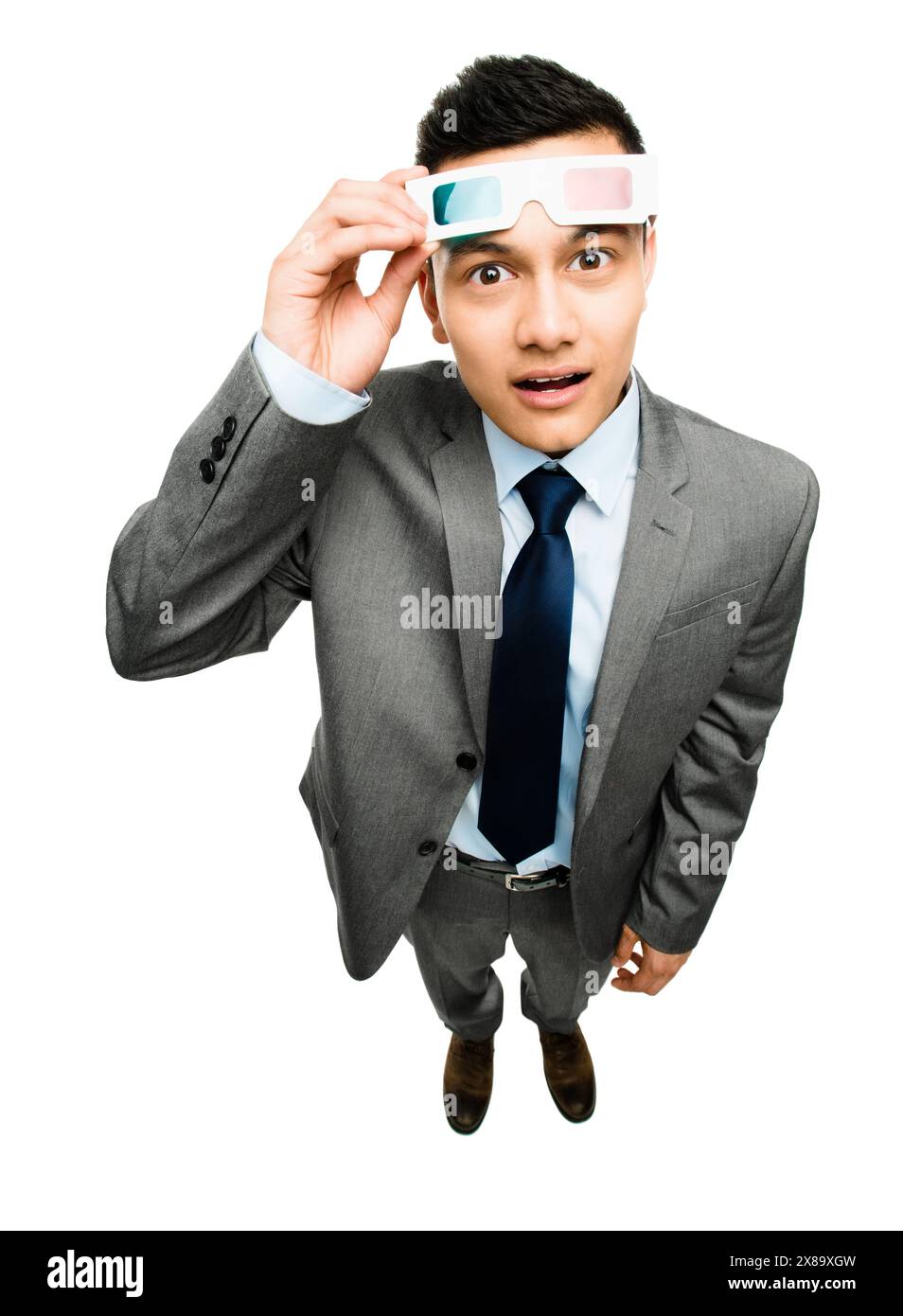 Studio, portrait and businessman with 3d glasses, suit and shock for ...