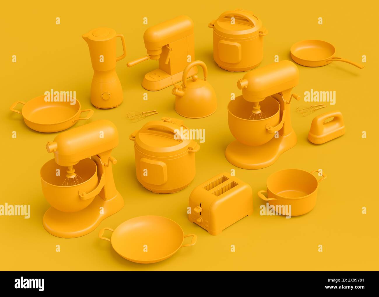 Electric kitchen appliances and utensils for making culinary on yellow ...