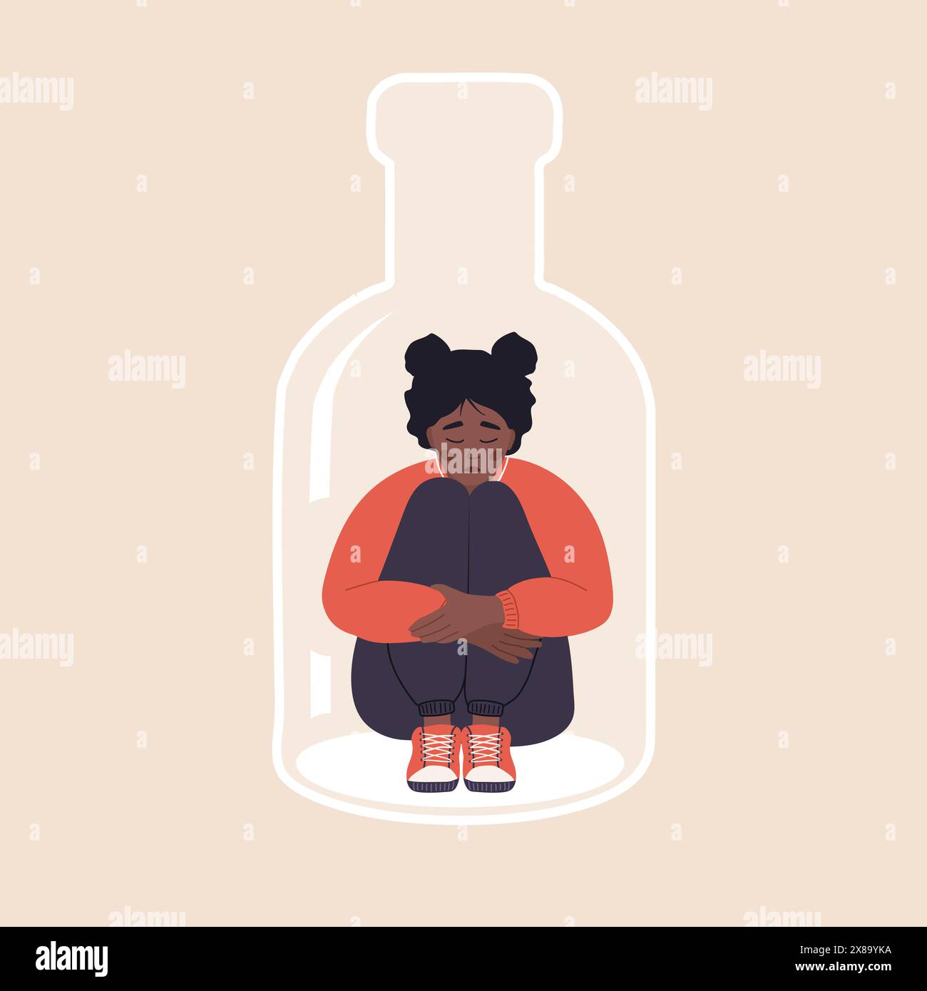 Alcoholism concept. Depressed african Woman sitting on bottom of bottle ...