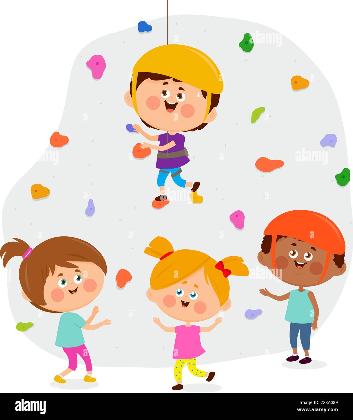 Children climbing bouldering rock wall at the sports training gym. Kids ...