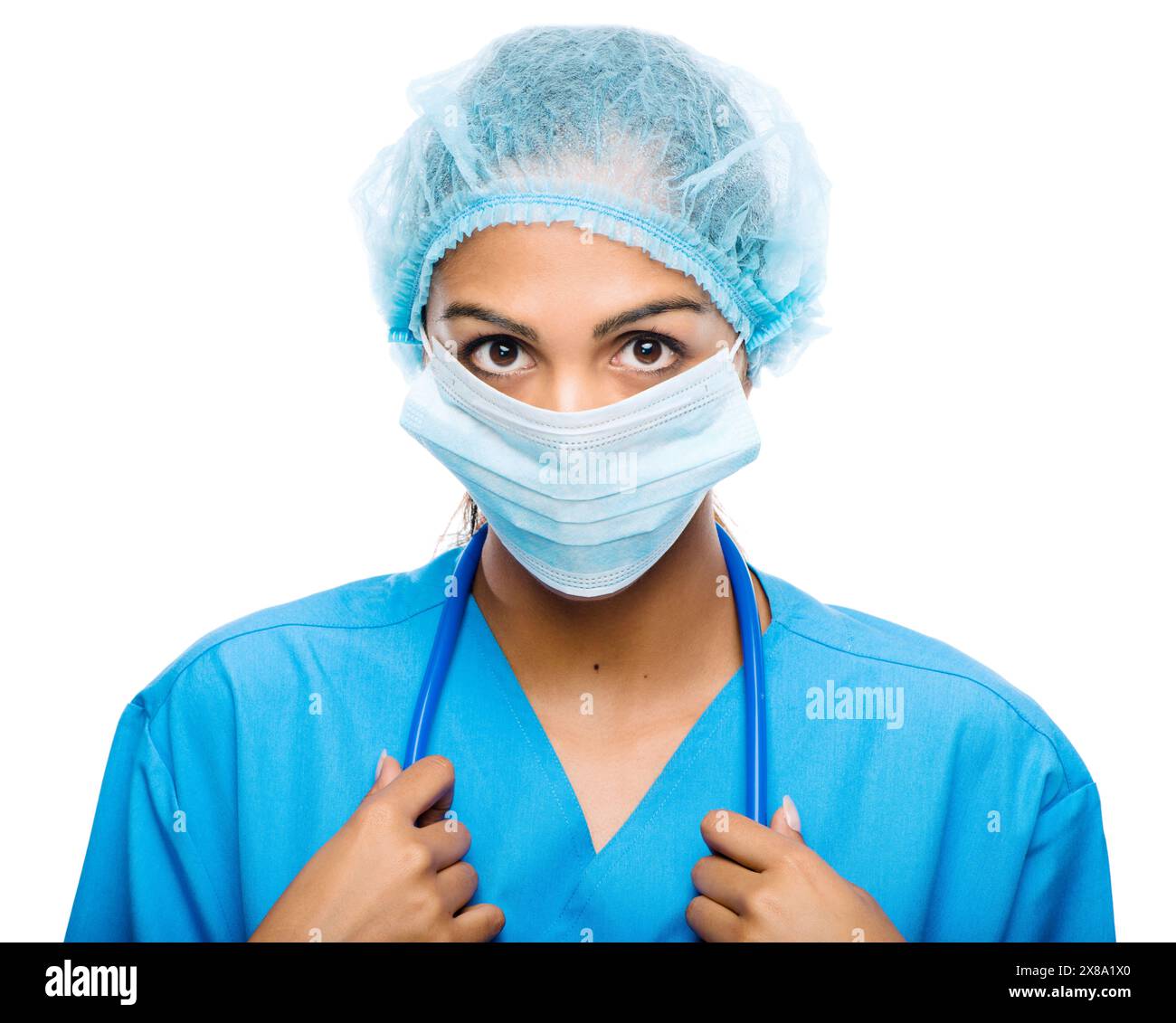 Mask, hair net and portrait of doctor in studio with stethoscope for ...