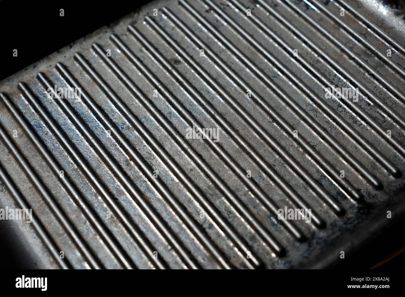 Texture of empty black cast heavy iron grill pan, actively used modern ...