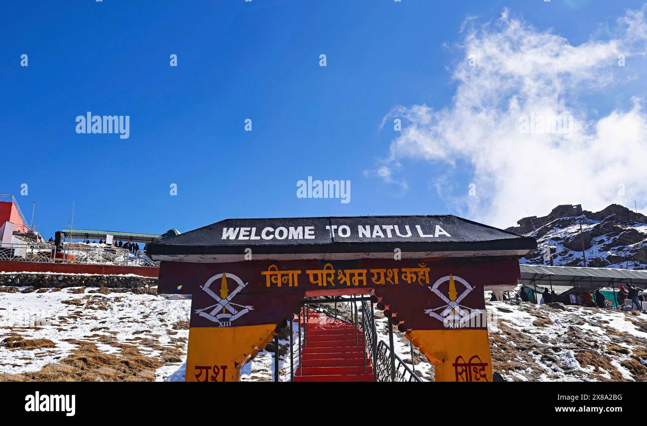 INDIA, GANGTOK, INDIA-CHINA BORDER, December 2023, Tourist, at View of Nathula Pass Entrance ...