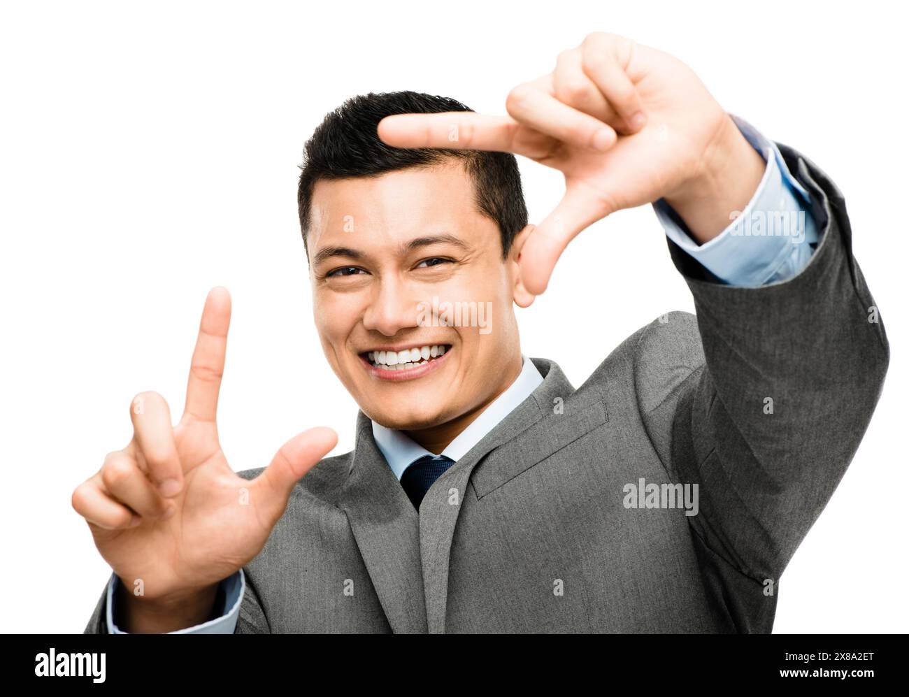 Border, hands or portrait of happy businessman in studio on white ...