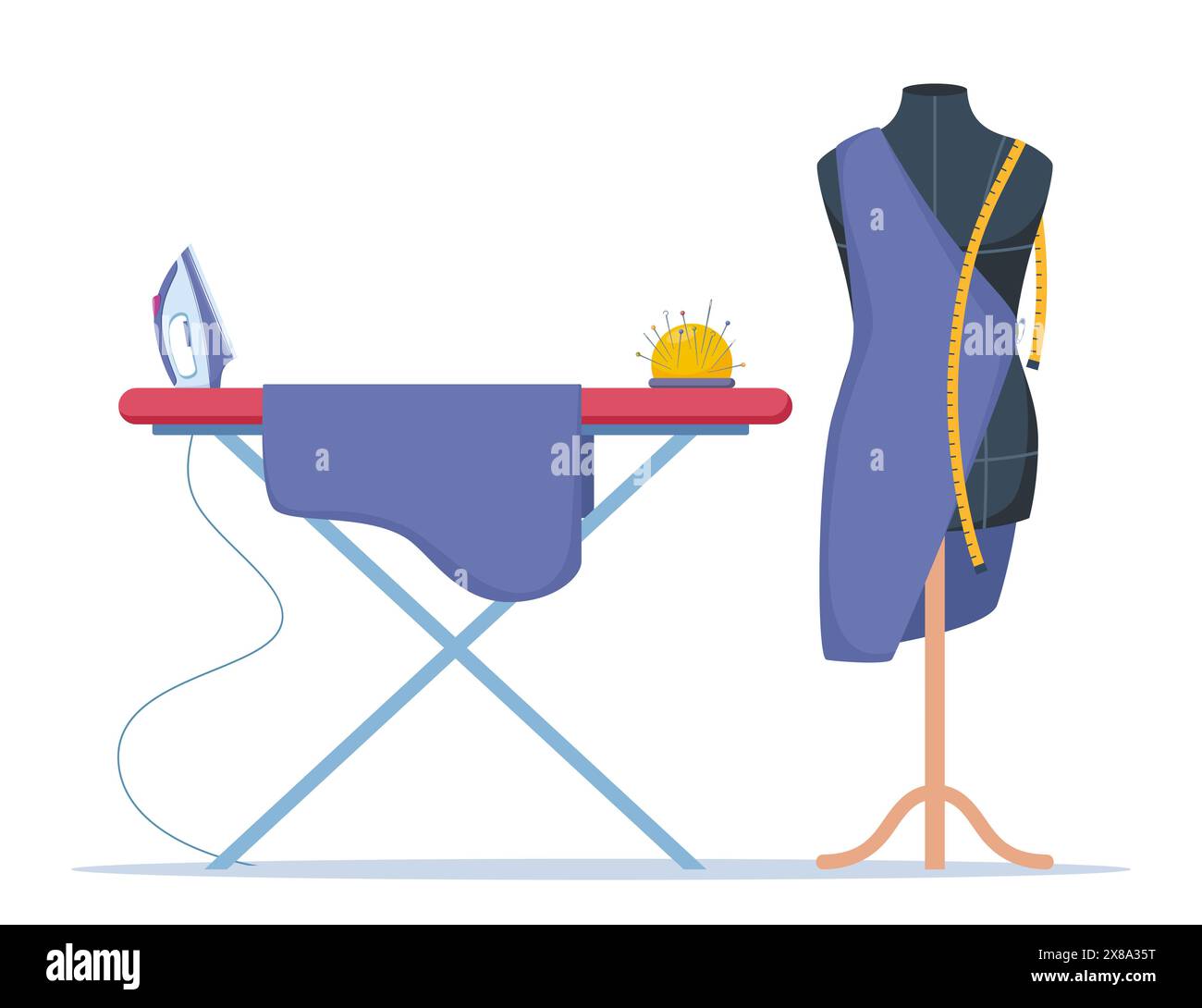 Dressmaking. Mannequin, fabric on it and measuring tape, iron for ...