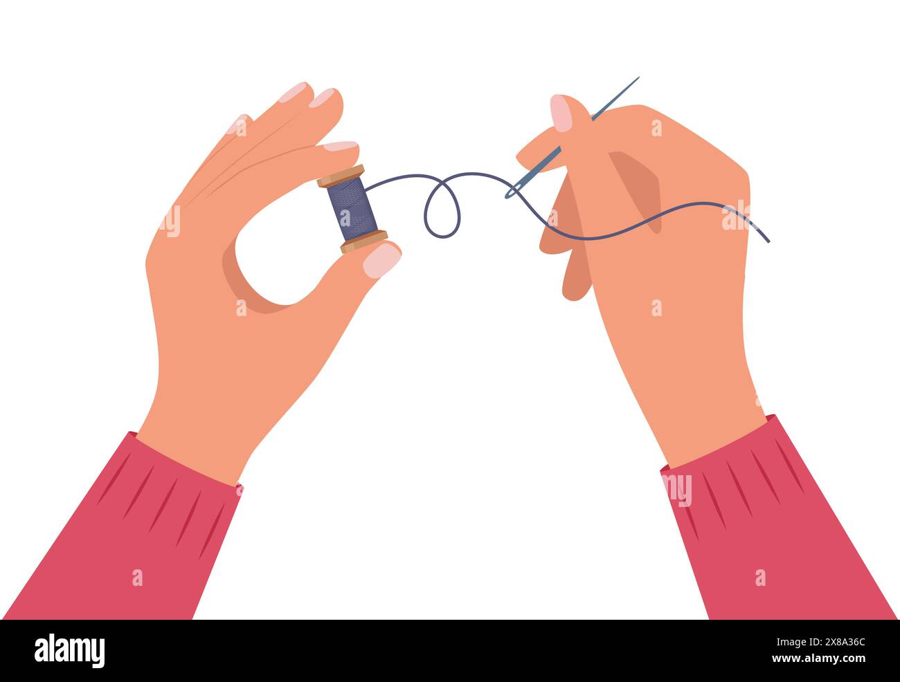 Sewing needle with red thread in human hands. Accessory for tailoring ...