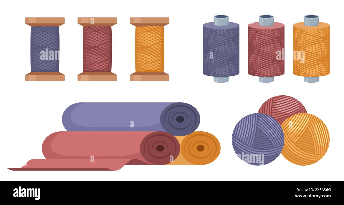Spools of thread, rolls of fabrics for sewing and knitting. Natural ...