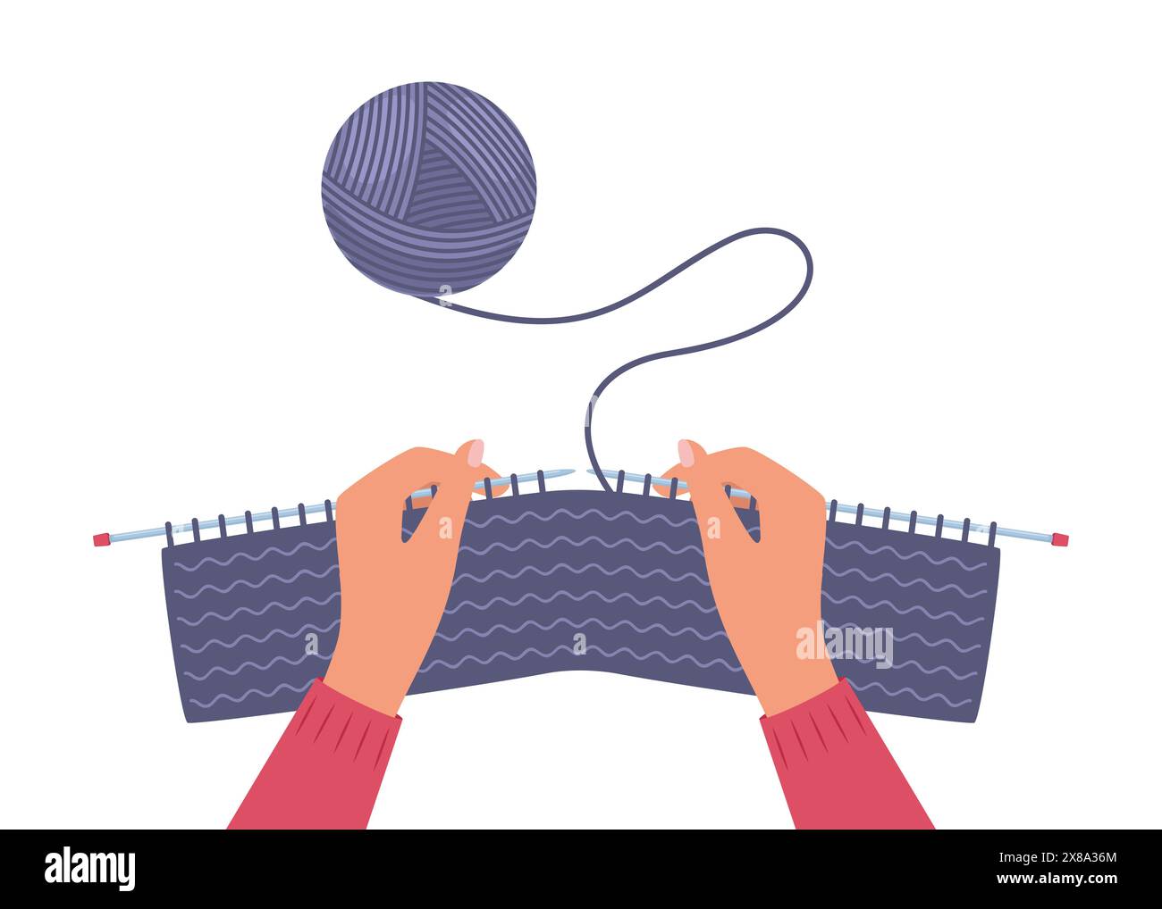 Knitting process, top view on hands holding needles. Yarn and balls of ...