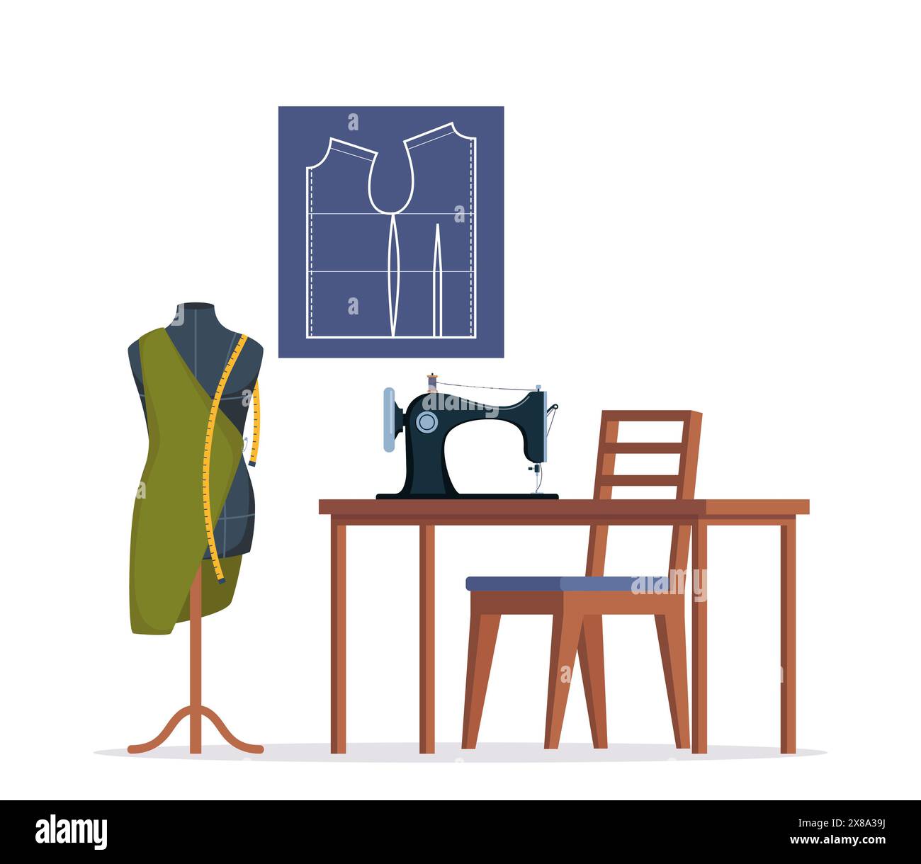 Sewing room with sewing machine, mannequin, tools and sewing pattern ...