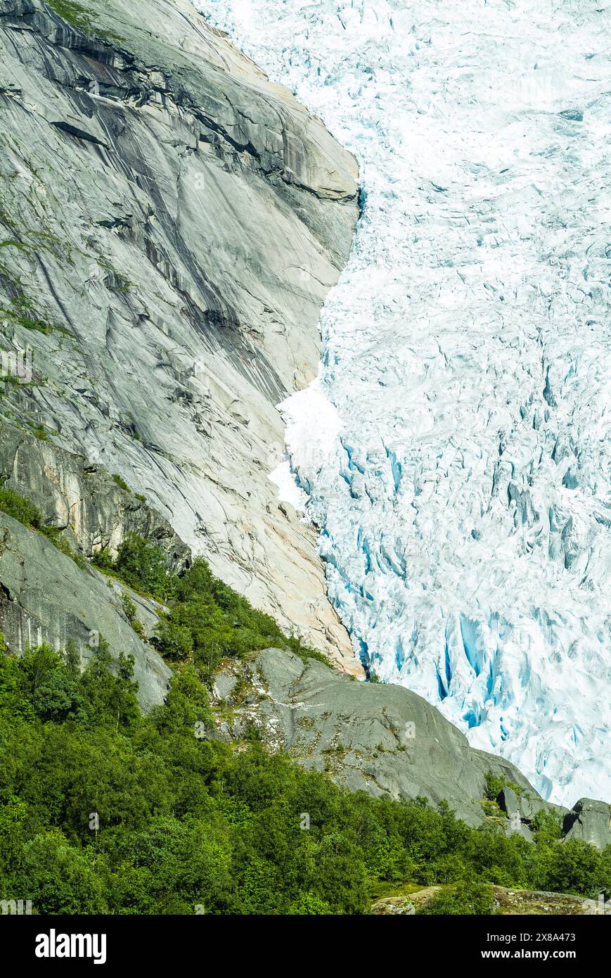 A striking glacier meets a rugged rocky cliff face in the lush green ...