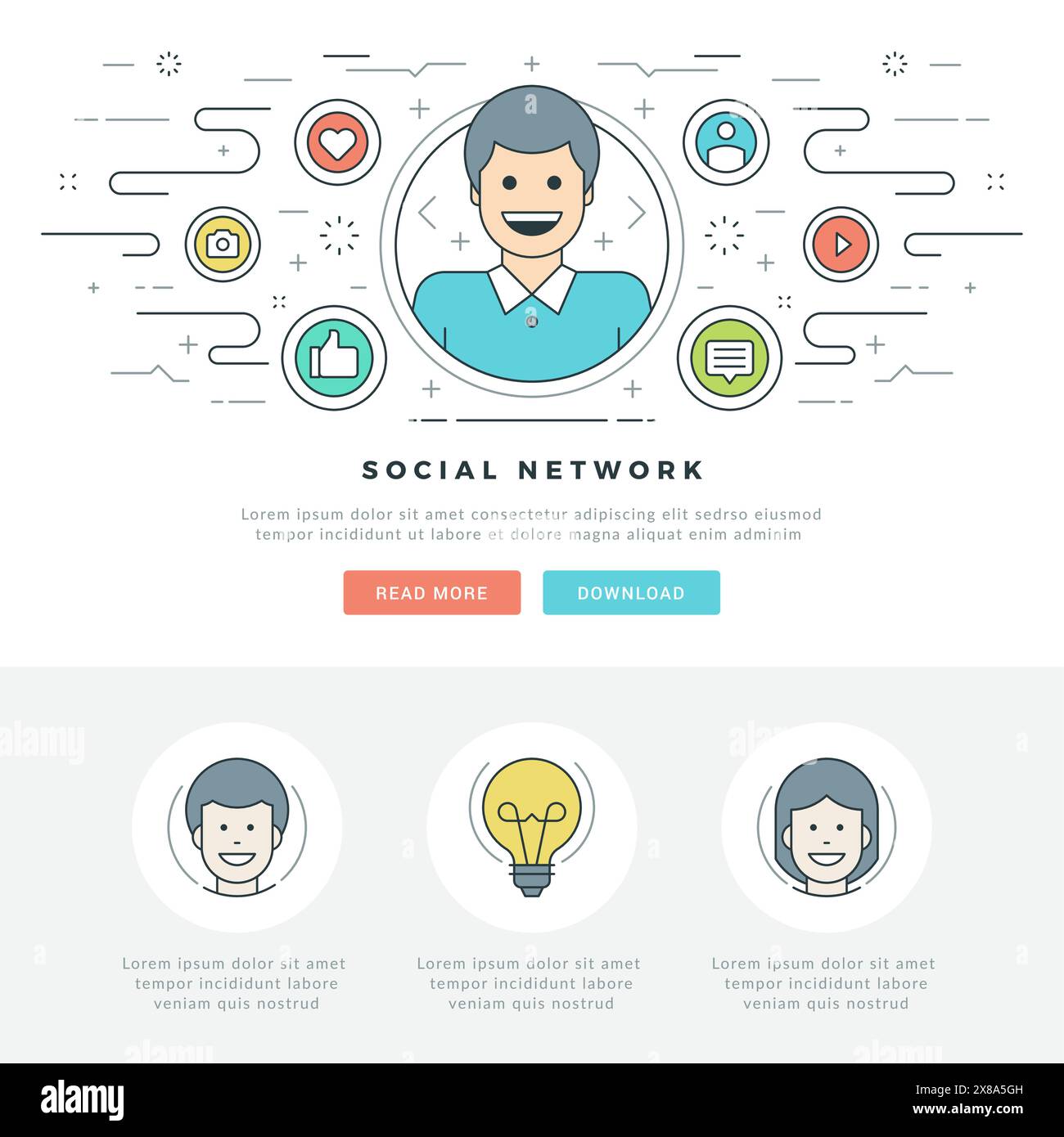 Flat line Social Media and Network Concept Vector illustration. Modern ...