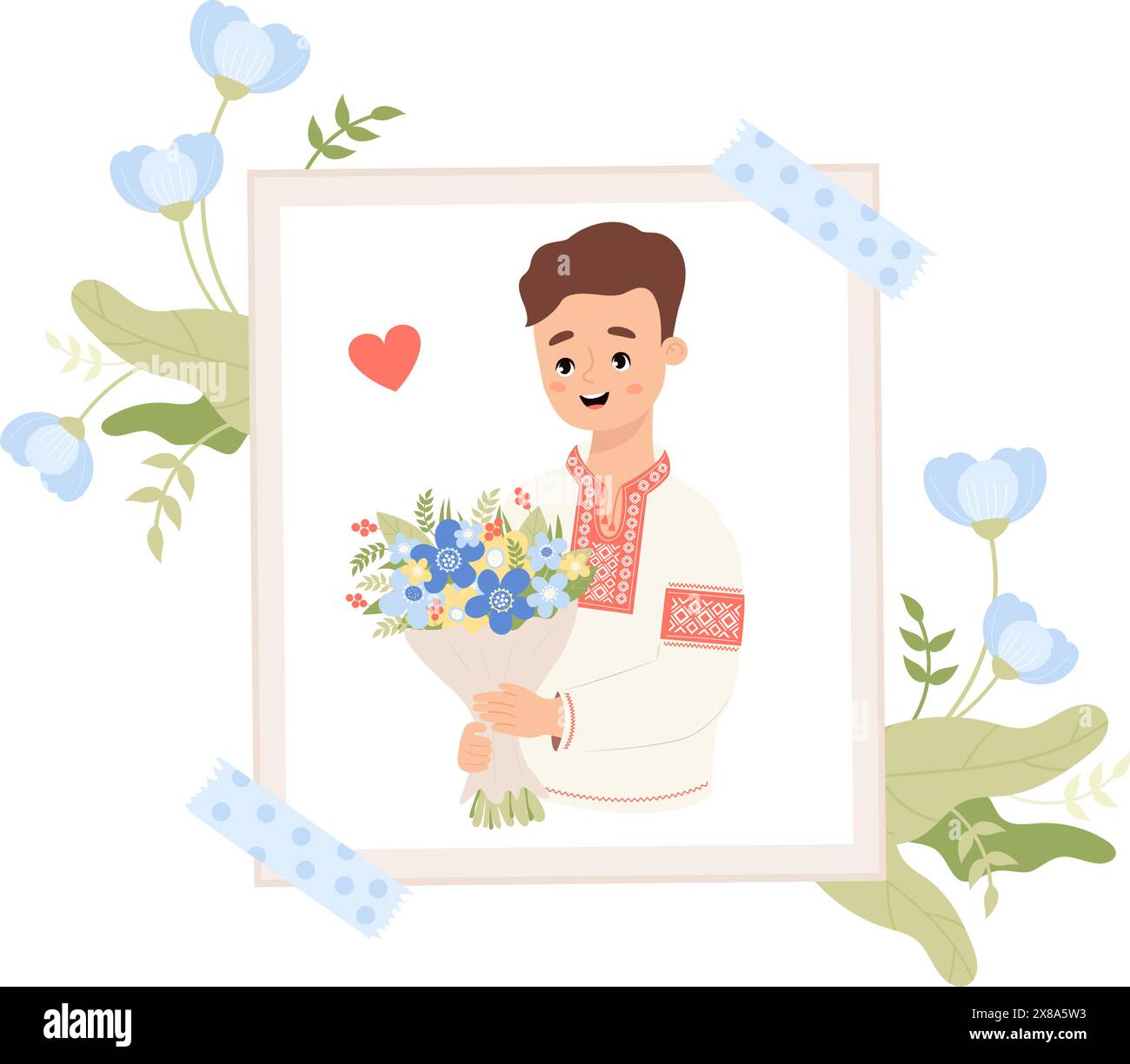 Cute Ukrainian man with bouquet. Holiday photograph frame with blue ...